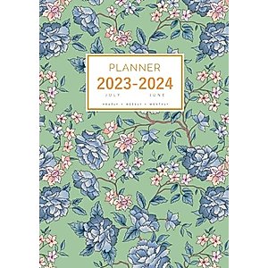 Planner July 2023-2024 June: A4 Large Notebook Organizer with Hourly Time Slots | Vintage Flower Leaf Design Green