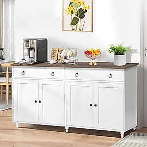 4 EVER WINNER Sideboard Buffet Cabinet with Storage, 55" Kitchen Buffet Storage Cabinet with 2 Drawers and 4 Doors, Retro Coffee Bar Cabinet Wood Buffet Table Dining Room Cabinet, White