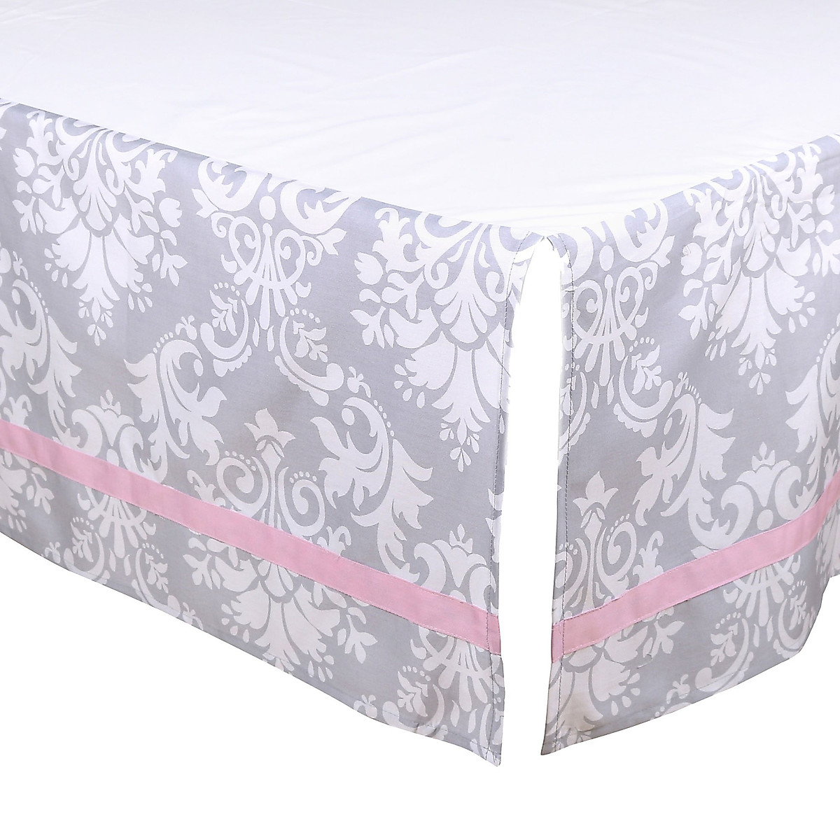 Grey Damask Tailored Crib Dust Ruffle with Pink Accents by The Peanut Shell