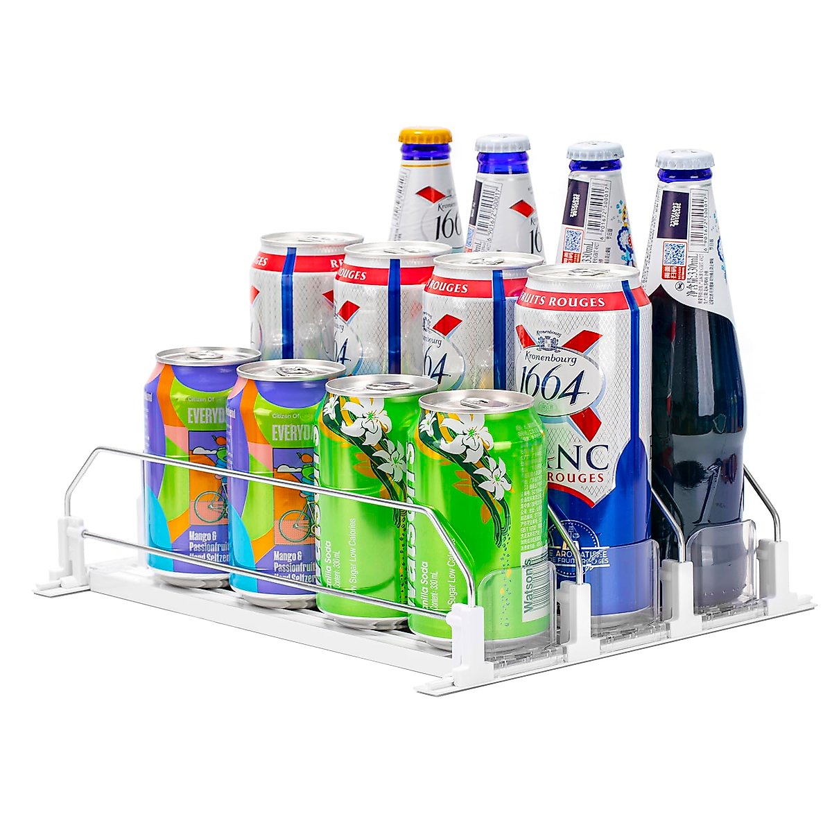 Rula Drink Organizer for Fridge, Self-Pushing Soda Can Dispenser for Mini Refrigerator, Width Adjustable Water Bottle Pusher Glide, White, 3 Rows,12.2” D