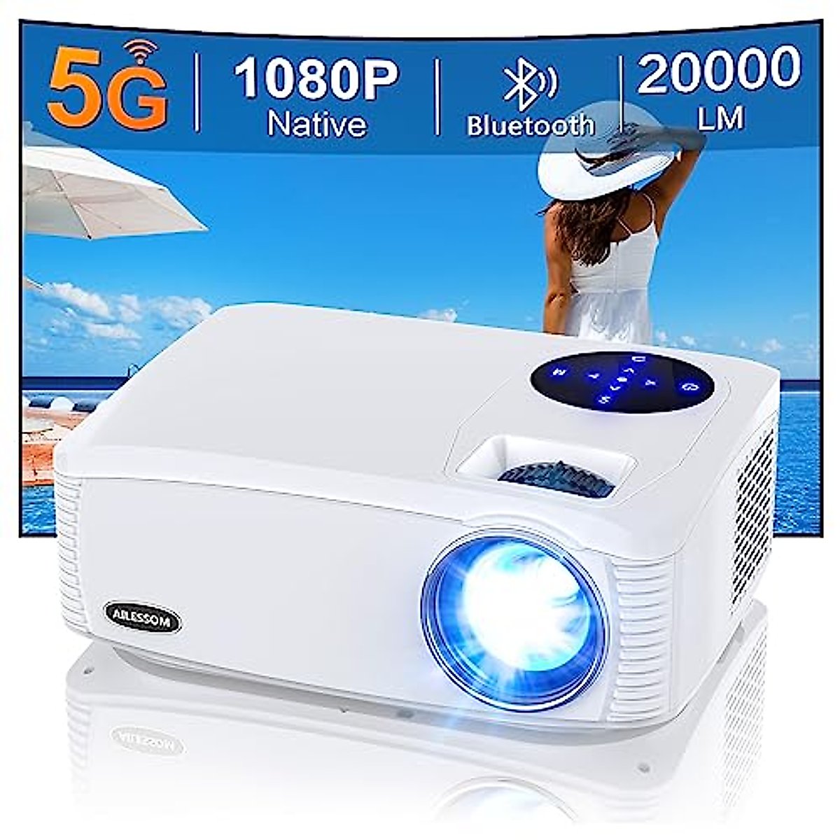 5G WiFi Bluetooth Native 1080P Projector, AILESSOM 20000 LM 450" Display Support 4K Movie Projector, High Brightness for Home Theater and Business, Compatible with iOS/Android/TV Stick/PS4/HDMI/USB