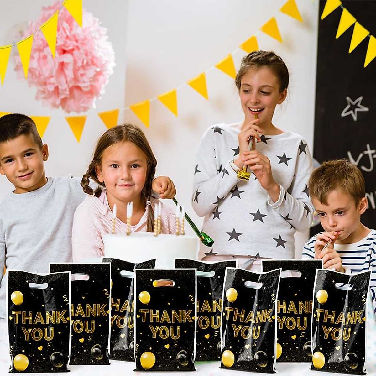 ANGOLIO Birthday Treat Party Bags - 50Pcs Black and Gold Party Favors Bags Print Easter Black Gold Balloon with Handles Plastic Gifts Bags Thank You Birthday Snack Bags Happy Party Favor Supplies