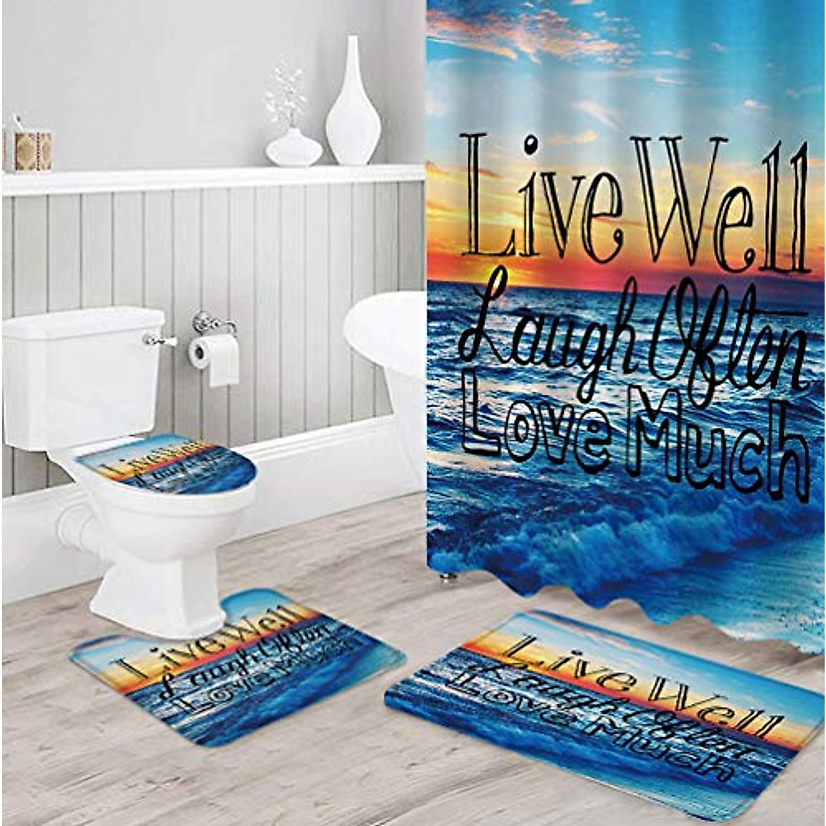 4 Pcs Shower Curtain Sets with Rugs Live Well Laugh Often Love Much Non-Slip Soft Toilet Lid Cover for Bathroom Beach Sunset Bathroom Sets with Bath Mat and 12 Hooks