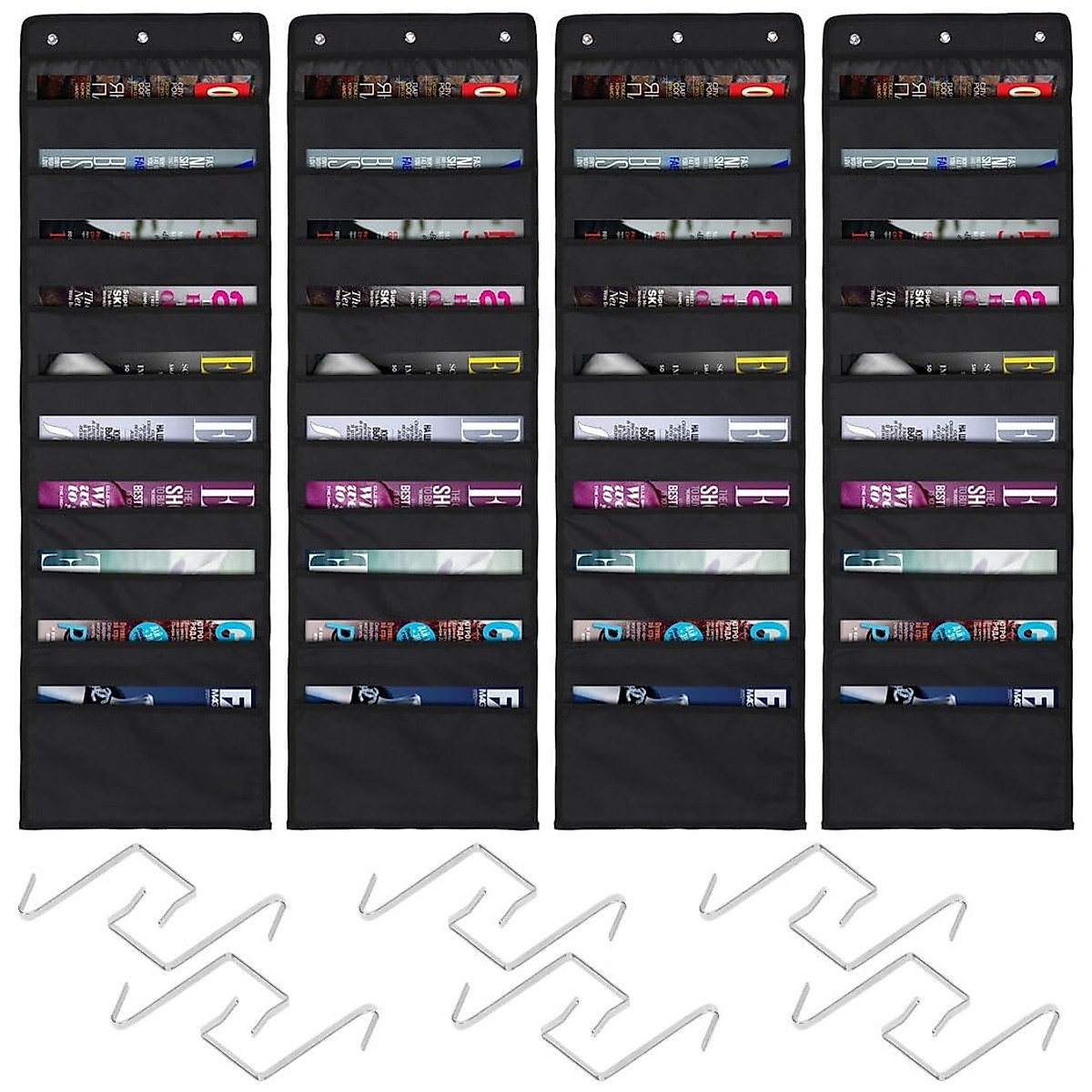 Homaisson 4 Packs Hanging Wall File Organizers with 12pcs Metal Hooks, Heavy-Duty 600D Oxford Storage Pocket Charts, Wall Hanging File Folders with 40 Pockets, Overdoor Magazine Hangers