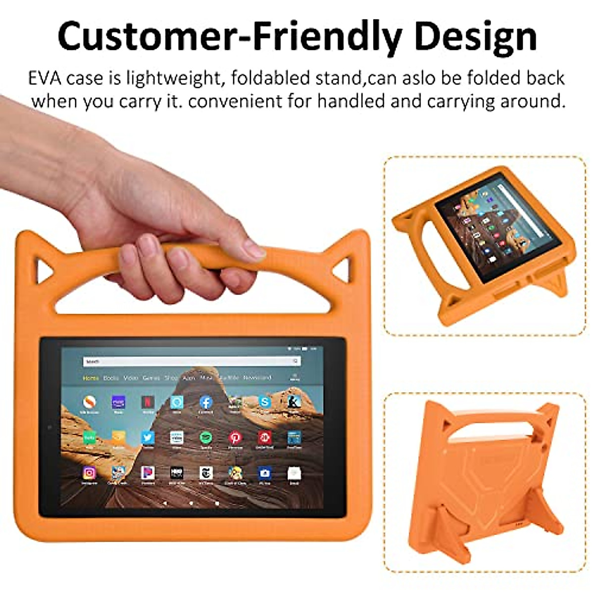 Kids Case for ＨＤ10 Tablet(9th/7th/5th Generation,2019/2017/2015 Release)-SHREBORN Lightweight Shockproof Case with Cute Cat Handle Stand, Not fit iPad Samsung 10 inch Tablet-Orange