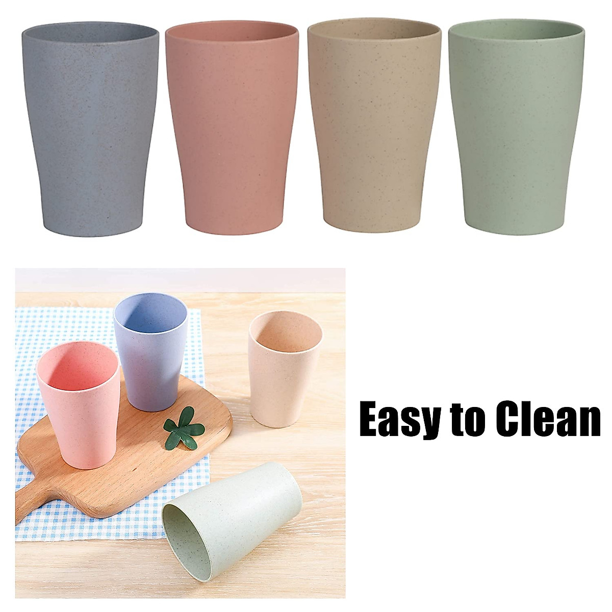 WANBY Wheat Straw Cup 4 Pcs Unbreakable and Reusable Drinking Cups Eco-Friendly Healthy Tumbler Set for Milk Juice and Water Dishwasher Safe (4 Pcs 11 Oz)