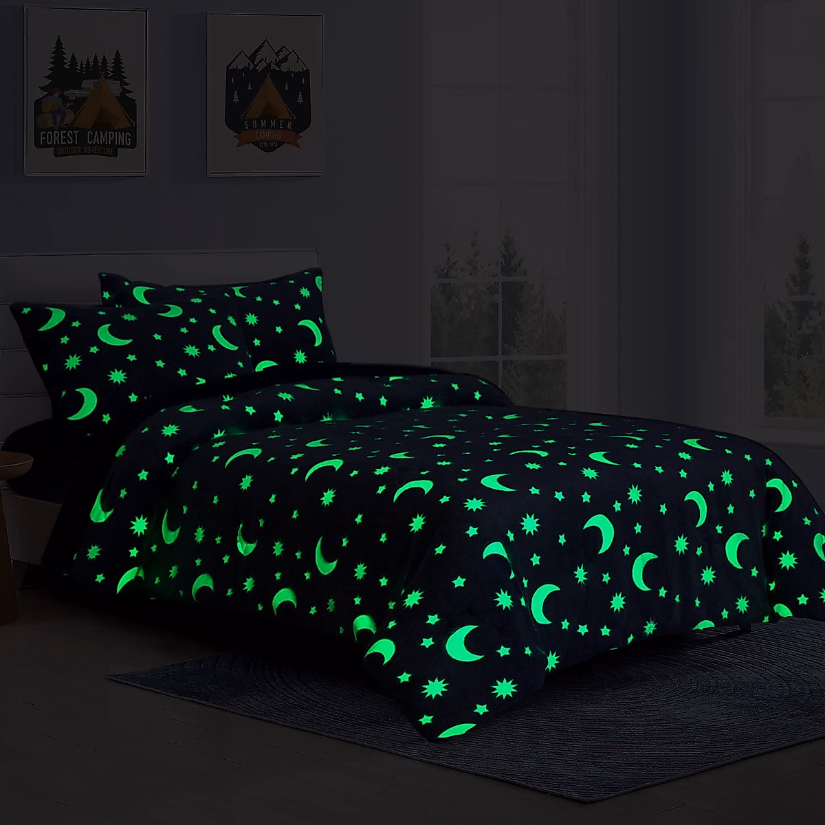 HOMBYS Glow in The Dark Comforter Set 3 Piece Twin/Twin XL, Blue Velvet Bedding Sets for Twin Bed, Ultra Soft Down Alternative Comforter for Teenage Girls Kids, Bed in a Bag Room Decor