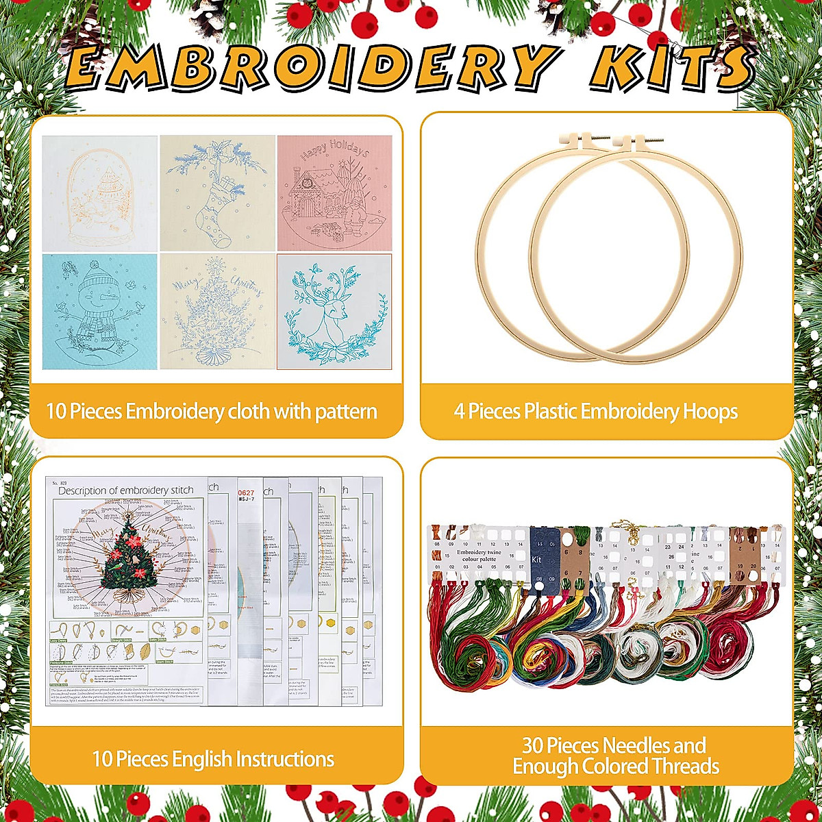 Canlierr 10 Sets Embroidery Kit with Patterns and Instructions DIY Adult Beginner Embroidery Kits for Beginners Adults Embroidery Supplies (Christmas Style)