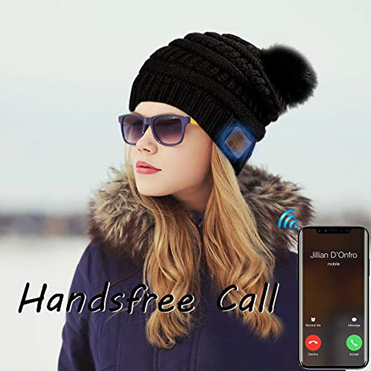 FashionLive Wireless Beanie Music Hat for Women Girls Upgrade Pompom Musical Headphone Stereo Speaker Hat with Mic Speakerphone Knit Pom Beanie Hat Warm Black