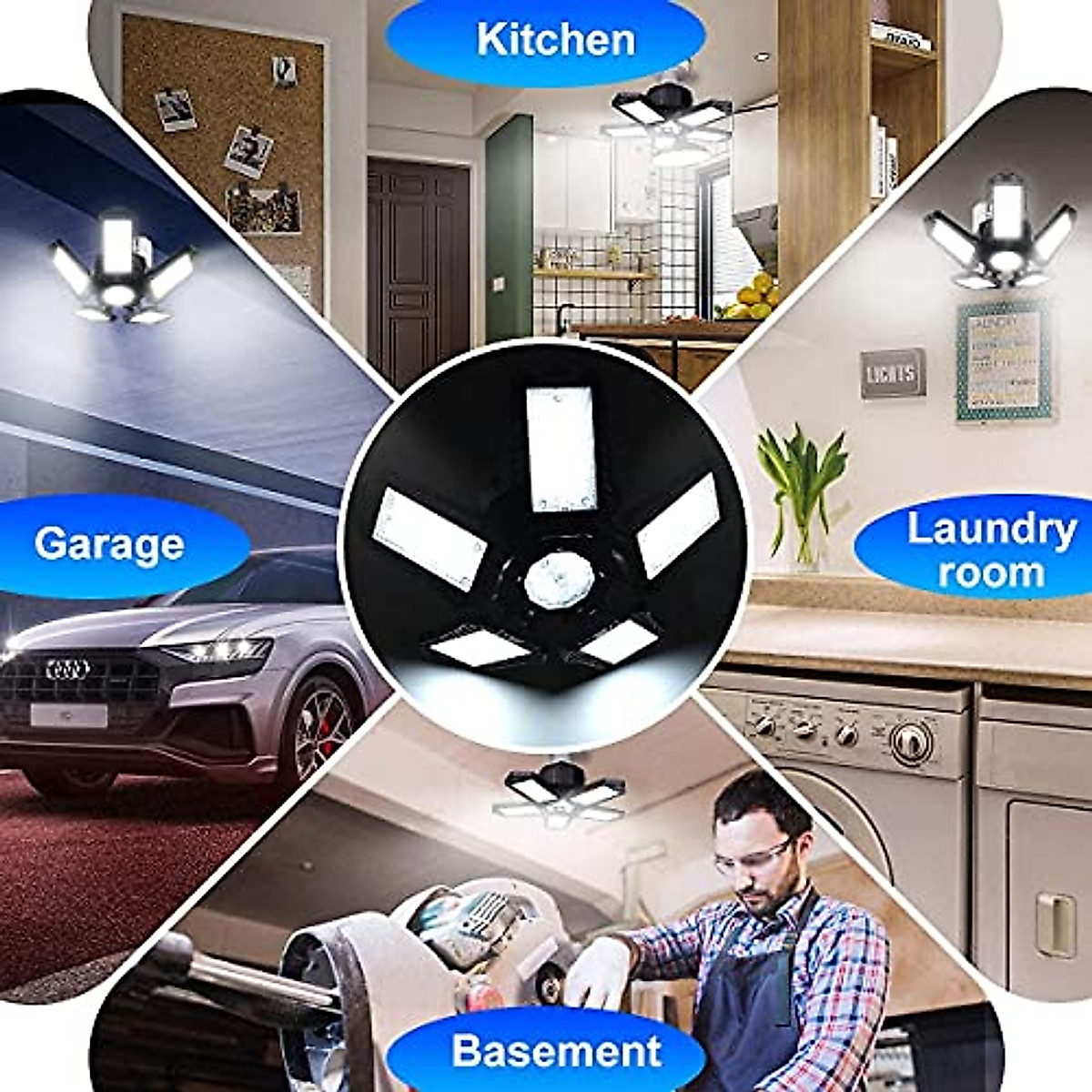 JMTGNSEP LED Garage Lights 2 Pack Eqv. 100W Garage Light 10000LM Screw in LED Garage Light 5 Panel Deformable Garage Lighting Fixtures 6500K LED Shop Light Bulb for Garage Workbench Basement Attic