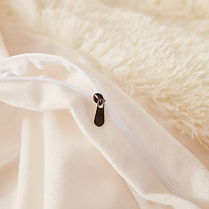 JAUXIO Luxury Long Faux Fur 3 PCS Bedding Set Shaggy Comforter Duvet Cover with Pillow Shams Ultra Soft Crystal Velvet Reverse (Queen, Cream)