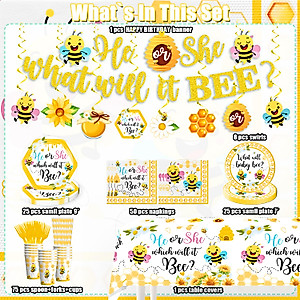 Yingoto 168pcs What Will it Bee Gender Reveal Decorations Tableware Set, Bee Gender Reveal Decorations Include Banner, Plates, Napkins, Tablecloth, Bee Party Decorations for Baby Shower, Serve 25