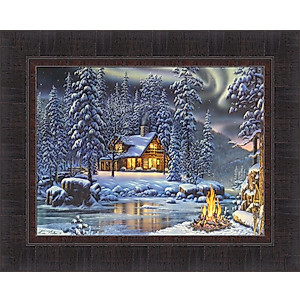 Aurora Fire by Kim Norlien 17x21 Log Cabin Winter Snow Northern Lights Campfire Shoes River Night Framed Art Print Picture