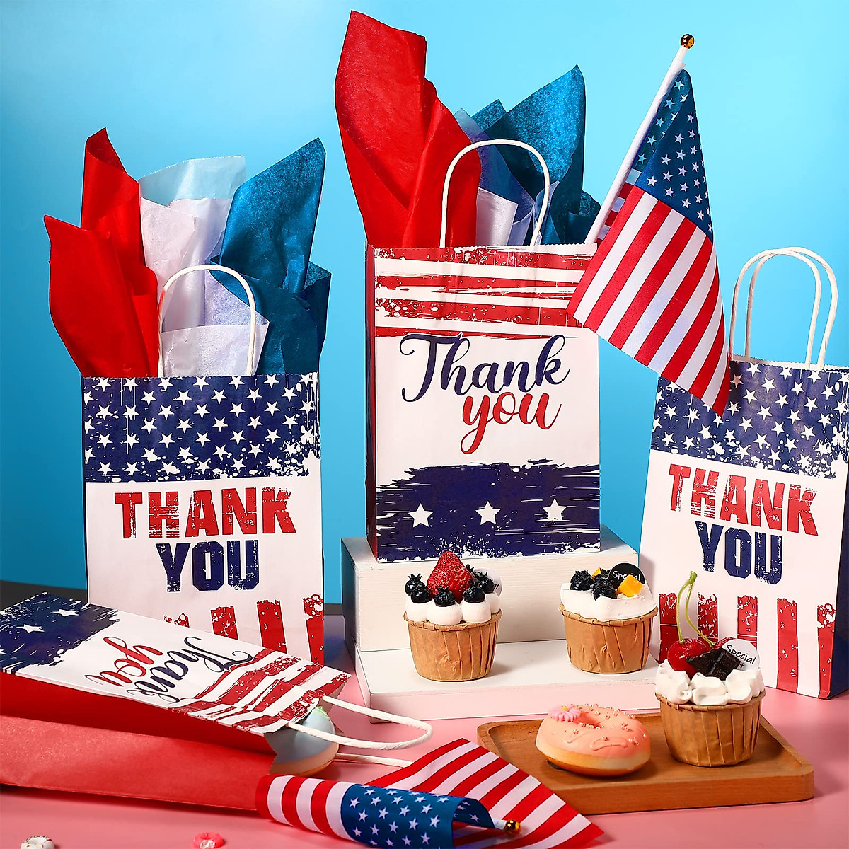 Pajean 16 Pieces Patriotic Thank You Gift Bags with 18 Red White Blue Tissue Paper American Flag Party Favor USA Treat Goodie Handle for Veterans Day Memorial Independence