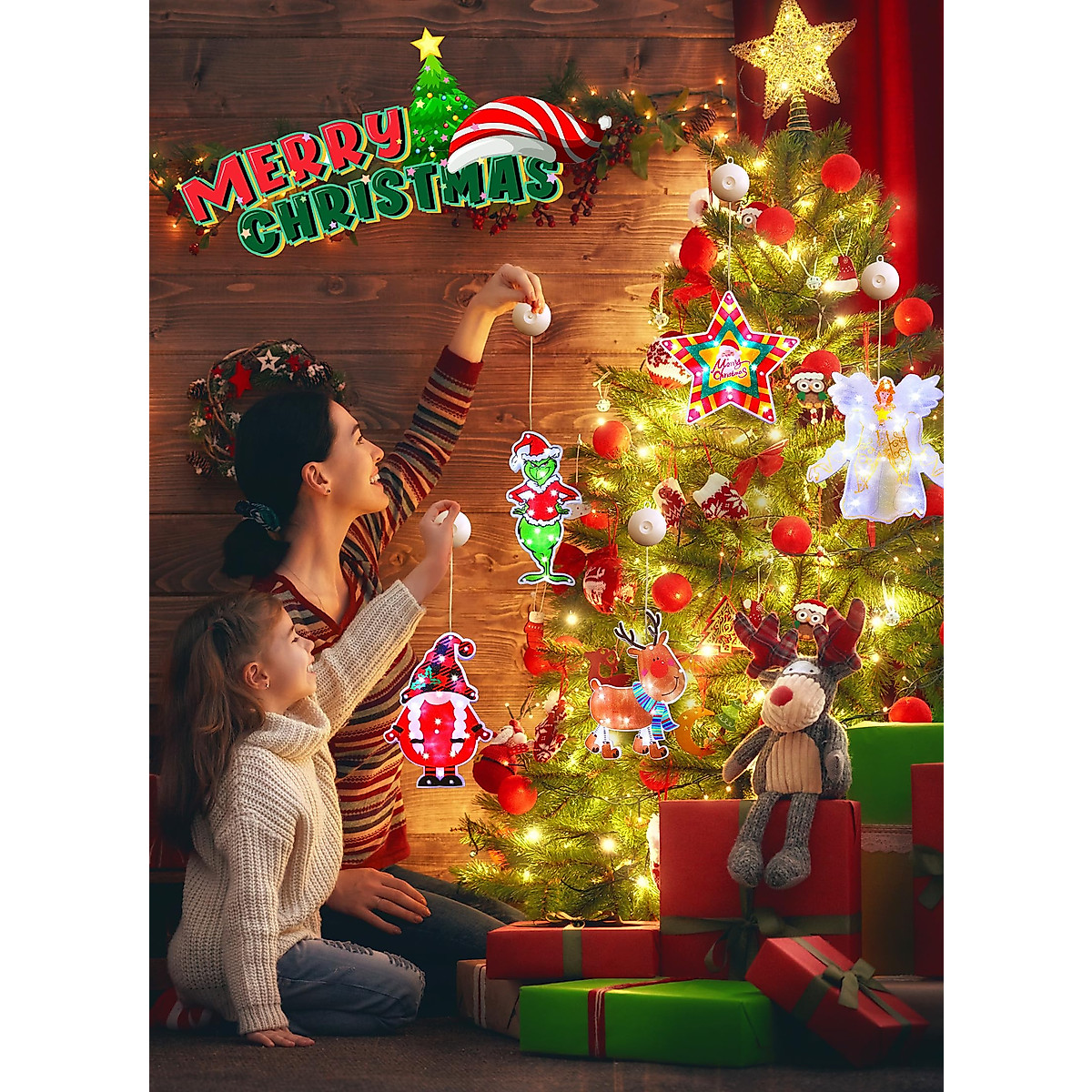 Brightown Christmas Window Lights Decorations, LED Christmas Hanging Lights Stole Green Monster Dwarf Deer Angel Star Shaped Battery Operated with Suction Cup Hook for Xmas Tree Window Indoor Decor