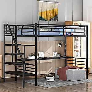 Epinki Metal Loft Bed Frame with Desk, No Box Spring Needed, Twin, Black, Bed Frame, Easy Assembly
