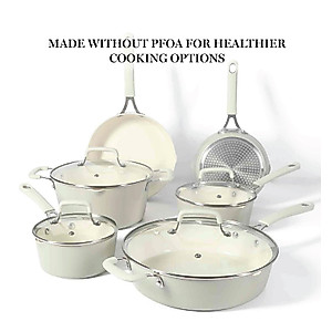 Martha Stewart Heathland Premium Nonstick PFA Free Ceramic Interior 10-Piece Tapered Aluminum Cookware Set - Linen White