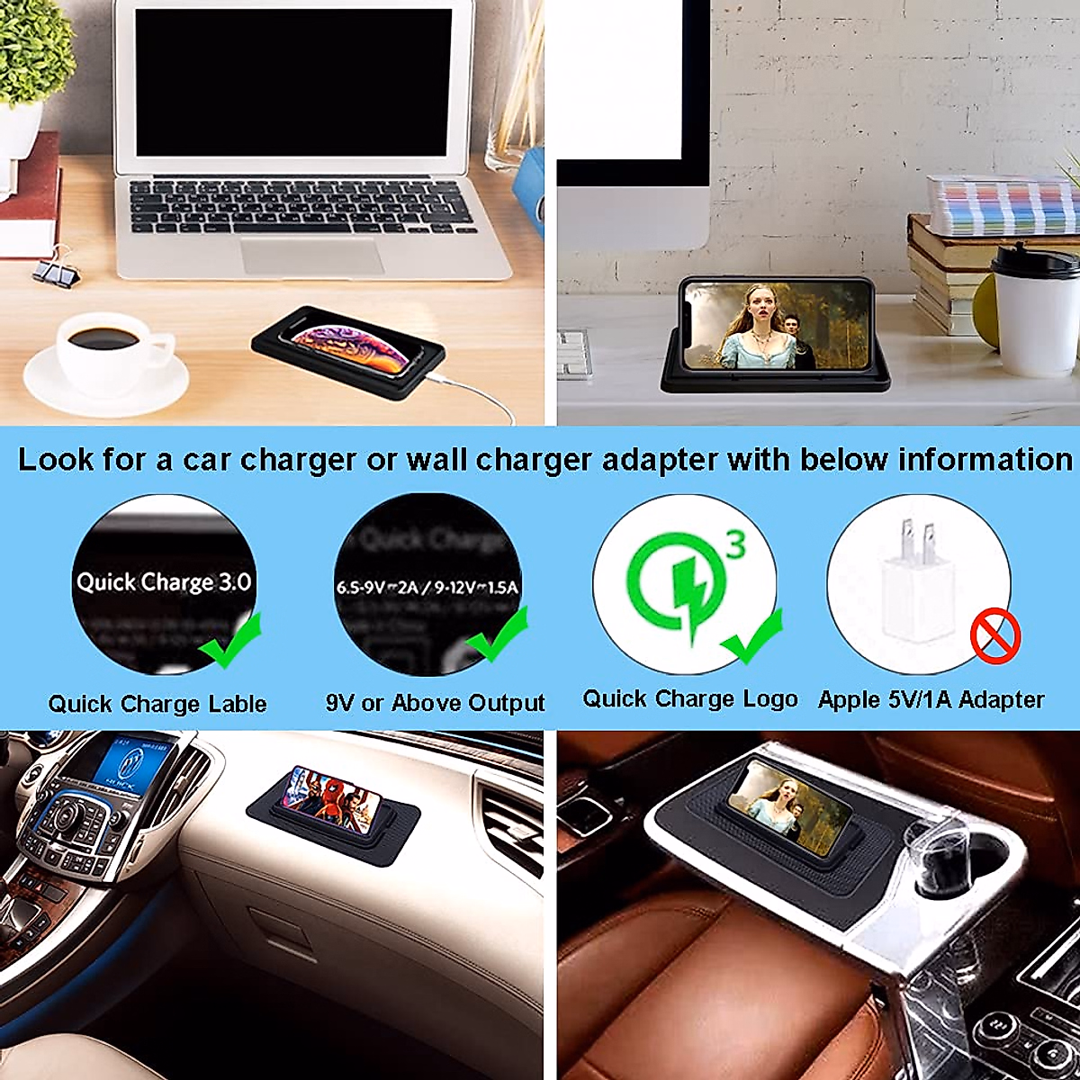 Wireless Charger for Car iPhone Wireless Charger Fast Charging 15W Qi Car Wireless Charging Pad Phone Charger Dashboard Car Wireless Charger for iPhone, Samsung, Android Cell Phones