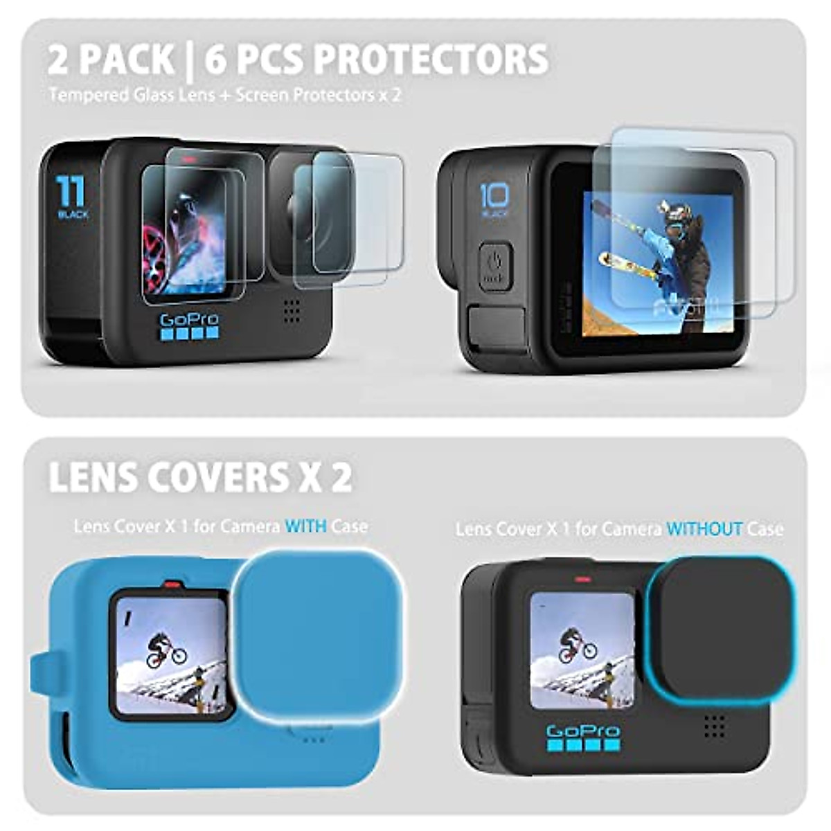 FitStill Blue Silicone Sleeve Case for Go Pro Hero 11 Hero 10 Hero 9 Black, Battery Side Cover&Screen Protectors&Lens Caps&Lanyard for Go Pro Hero 11 /10 / 9 Accessories Kit
