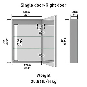 MIRPLUS 26x20 inch Bathroom Medicine Cabinet with LED Mirror, Anti-Fog, Waterproof, 6000K Single Door Lighted Bathroom Cabinet with Touch Swich, Recessed or Surface Mount (Right Door)