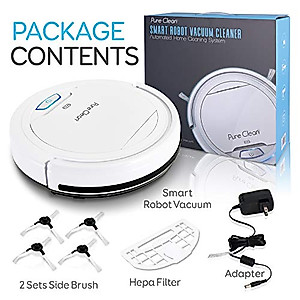 Pure Clean Robot Vacuum Cleaner - Upgraded Lithium Battery 90 Min Run Time - Automatic Bot Self Detects Stairs Pet Hair Allergies Friendly Robotic Home Cleaning for Carpet Hardwood Floor - PUCRC25