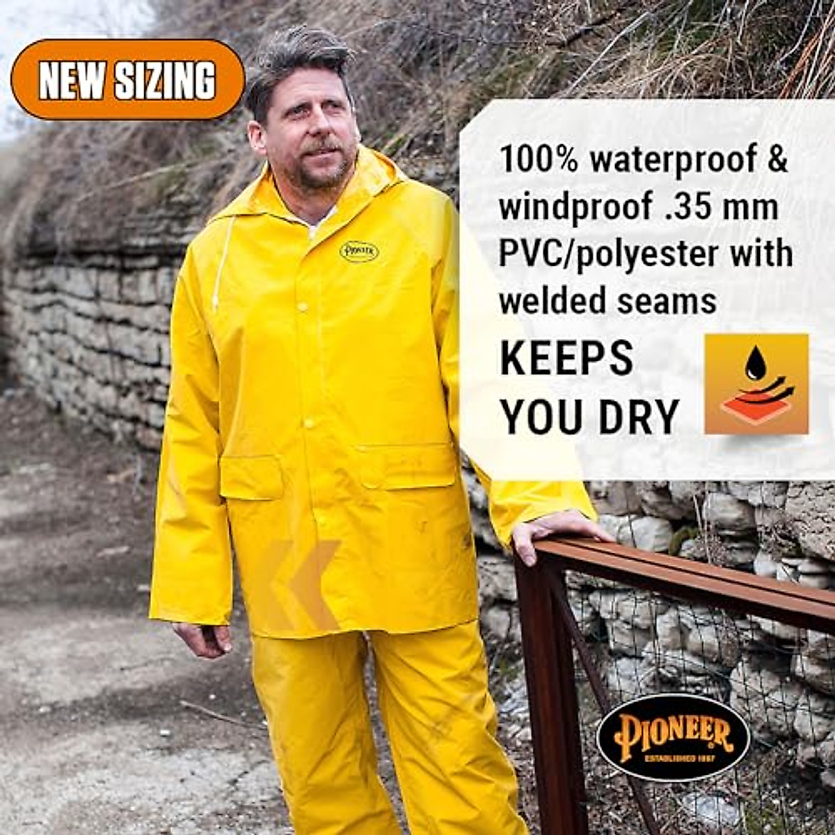 Pioneer Waterproof PVC Work Suit for Men – Repel Rain Gear Yellow Safety Jacket and Bib Pants - 3 PC Set With Detectable Hood
