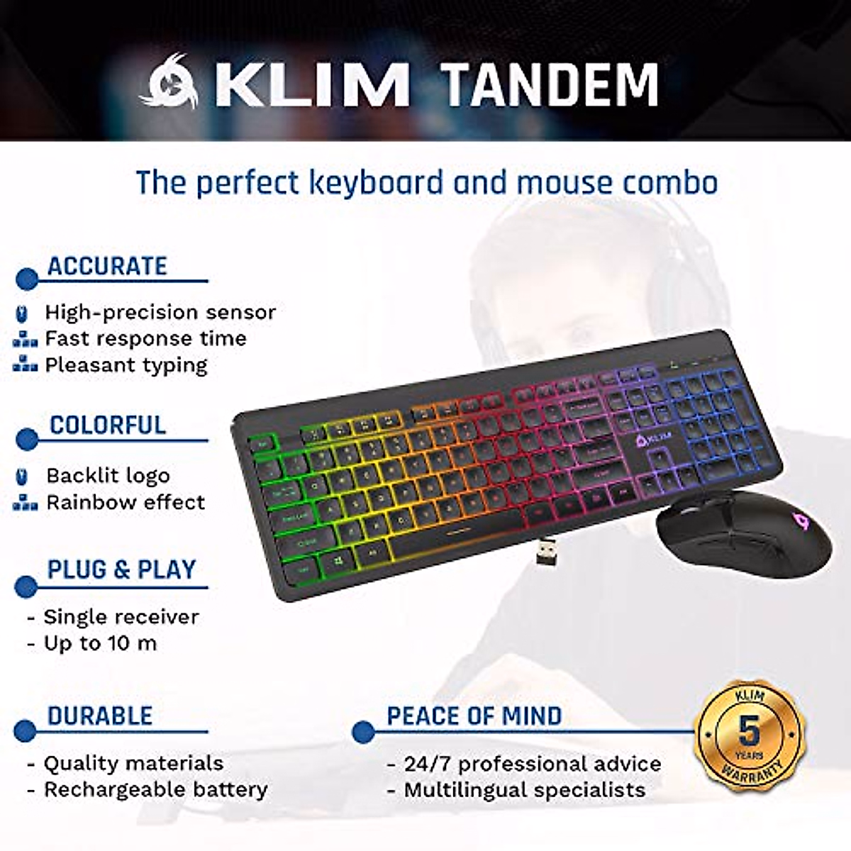 KLIM Tandem Wireless Gaming Keyboard & Mouse Combo - New 2024 - Slim Durable Ergonomic - Light up Keyboard and Mouse Wireless - Long-Lasting Built-in Battery with Energy-Saving