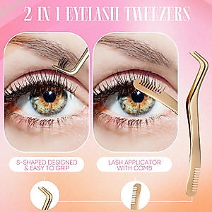 Lasnten 4 Pcs Eyelash Applicator Tool, Lash Tweezers for Eyelash Extensions, Stainless Steel Lash Cluster Tweezers Brush with Little Boxes, DIY Lash Applicator Tweezers Set(Gold)