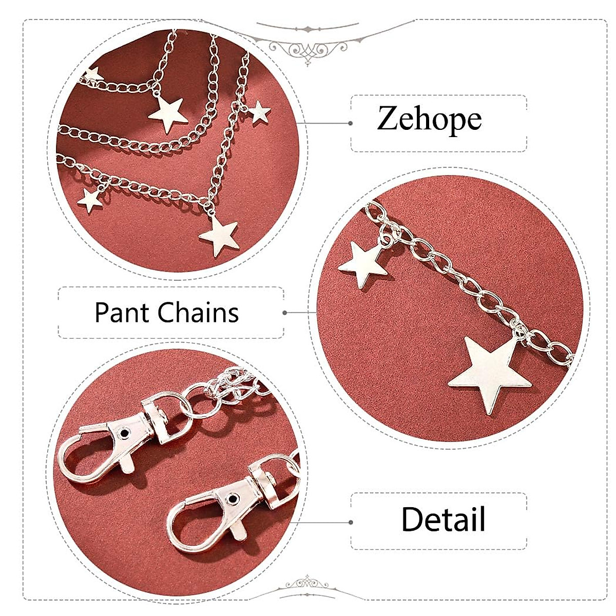 Zehope Layered Pants Chains Sliver Stars Pendant Jean Chains Goth Punk Wallet Chain Heavy Biker Pocket Chain for Women and Men