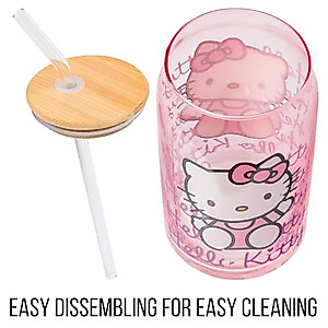 Silver Buffalo Sanrio Hello Kitty Waving Pink Glass Jar Tumbler with Bamboo Lid and Glass Straw, 16 Ounces