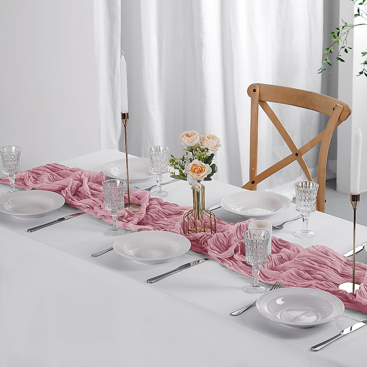 flohar 6 Pack Pink Cheesecloth Table Runner 9ft,17 x 108 inch Gauze Table Runners Rustic Romantic Wedding Runner for Wedding Bridal Shower Fall Decoration