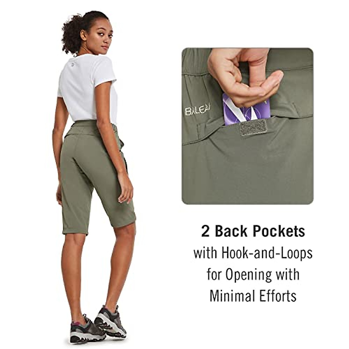 BALEAF Women's Hiking Shorts Bermuda Long Knee Length Quick Dry Stretch Elastic Waist for Camping, Travel Sage Green Size L