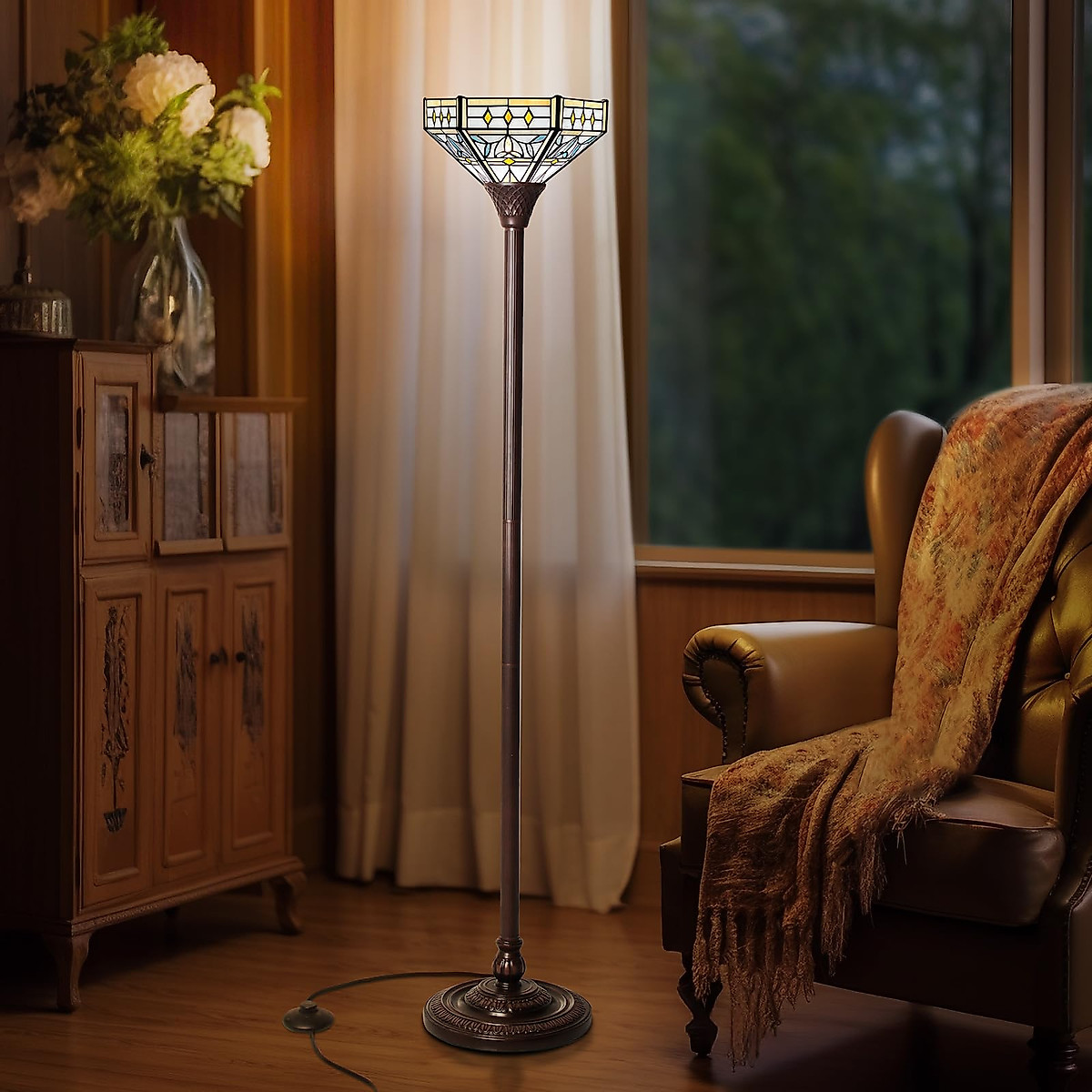 Capulina Tiffany Torchiere Floor Lamp 70 Inches Tall Industrial Dark Bronze Pole Mission Hexagon Virgin Style Stained Glass Torch Standing Light Decor for Living Room Bedroom Home Office