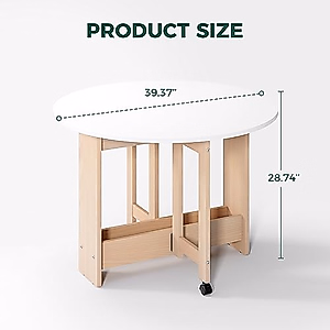 Kasshom Round Drop-Leaf Folding Dining Table, Multifunctional Convertible pace Saving Extendable Table with Storage Box and Wheels, for Kitchen/Farmhouse/Living Room, S White