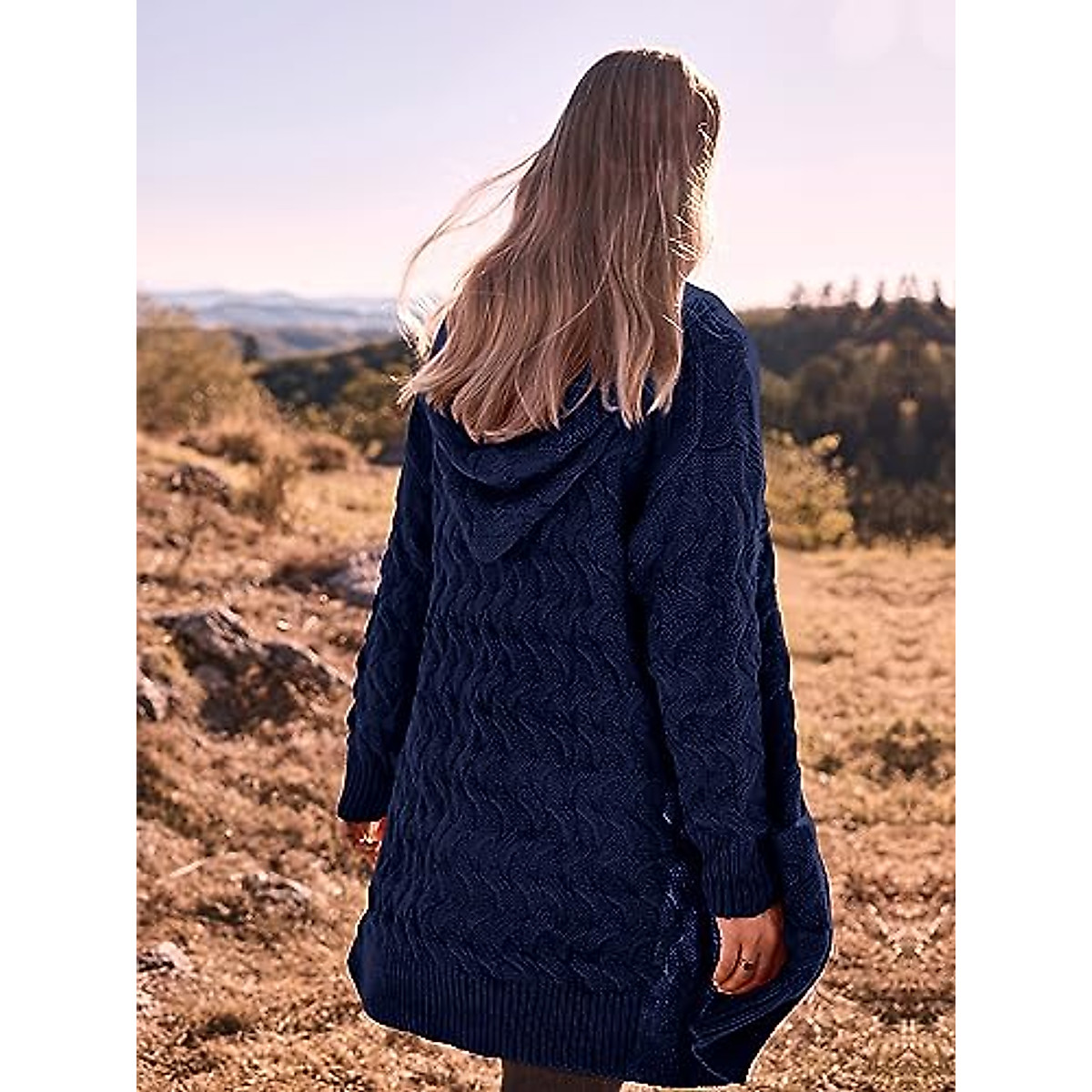 MASCOMODA Long Cable Knit Cardigans for Women 2024 Trendy Oversized Boyfriend Button Front Winter Sweater Coats with Pockets(Navy,Small)