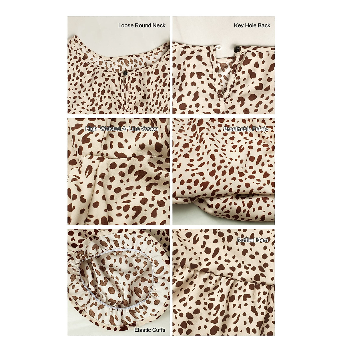 GRECERELLE Women Dress, Summer Casual Loose Crew Neck Boho, Leopard Dot Ruffle Puff Sleeve, High Waist Midi Beach Dress