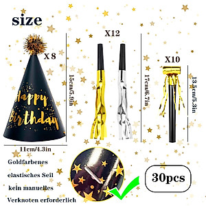 JOYEONDEF 30 Pcs Gold Birthday Party Hats Gold Cone Hats Includes 8 Birthday Paper Hats and 22 Gold Noise Makers (Black and gold suit)