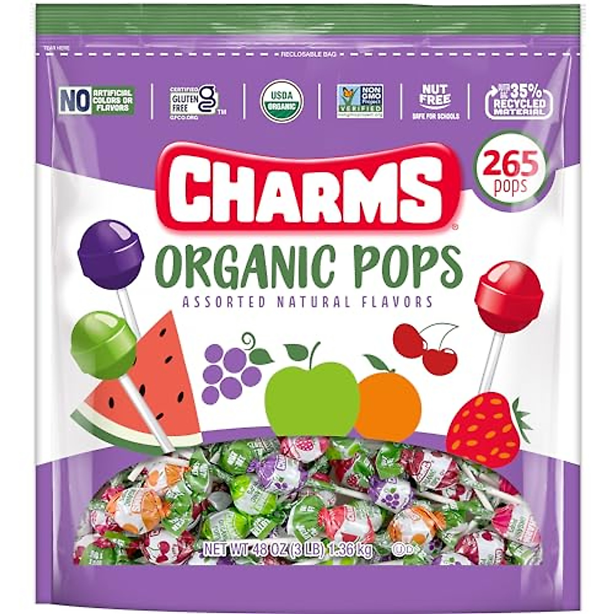Charms Organic Pops (265 Count) – USDA Organic Fruit Candy Lollipops Made with All Natural Flavors and Ingredients – Dye-Free, Gluten- Free, Non-GMO, 3 lb Resealable Bag