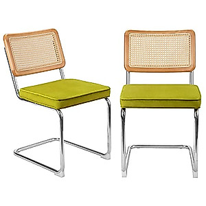 MeetLeisure Rattan Dining Chair Set of 2, Mid-Century Modern Chairs with Metal Chrome Legs, Armless Cane Back Chairs with Upholstered Cushion for Home Kitchen Dining Room, Matcha Green