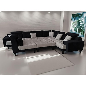 Stendmar L Shape U Shape Reversible Modern Microfiber Fabric Sectional Couch Sofa Set S150D (S150DBK-Black, 142-182" L x 110-150" D x 35" H)