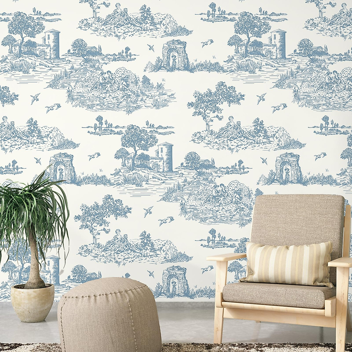 WENMER Toile Peel and Stick Wallpaper 17.7” X 118” Blue and White Wallpaper Blue Contact Paper Removable Vintage Chinoiserie Wallpaper French Wallpaper for Bedroom Living Room
