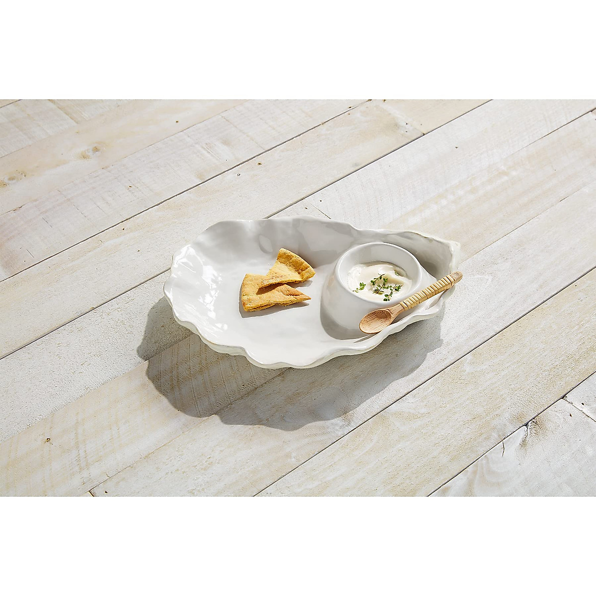 Mud Pie Oyster Chip and Dip Set, White, server 8 1/2" x 12" | spoon 5"