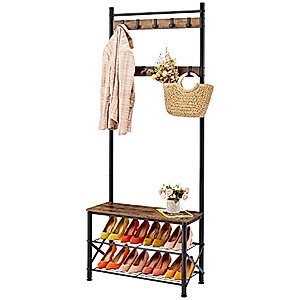 Hoctieon 3 In 1 Design Coat Rack Shoe Bench, Hall Tree for Entryway Storage Bench, Shelf Organizer, Shoe Storage, Multifunctional, Freestanding, Easy Assembly, Metal Frame, Vintage, Rustic Brown