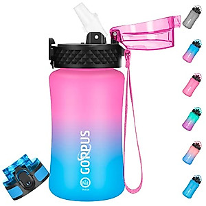 GOPPUS Kids Water Bottle with Straw Spout Lid 10pcs Stickers 12 oz Leak-proof BPA Free Motivational Time Marker Tritan Plastic Water Bottles for Girls Boys School Sports