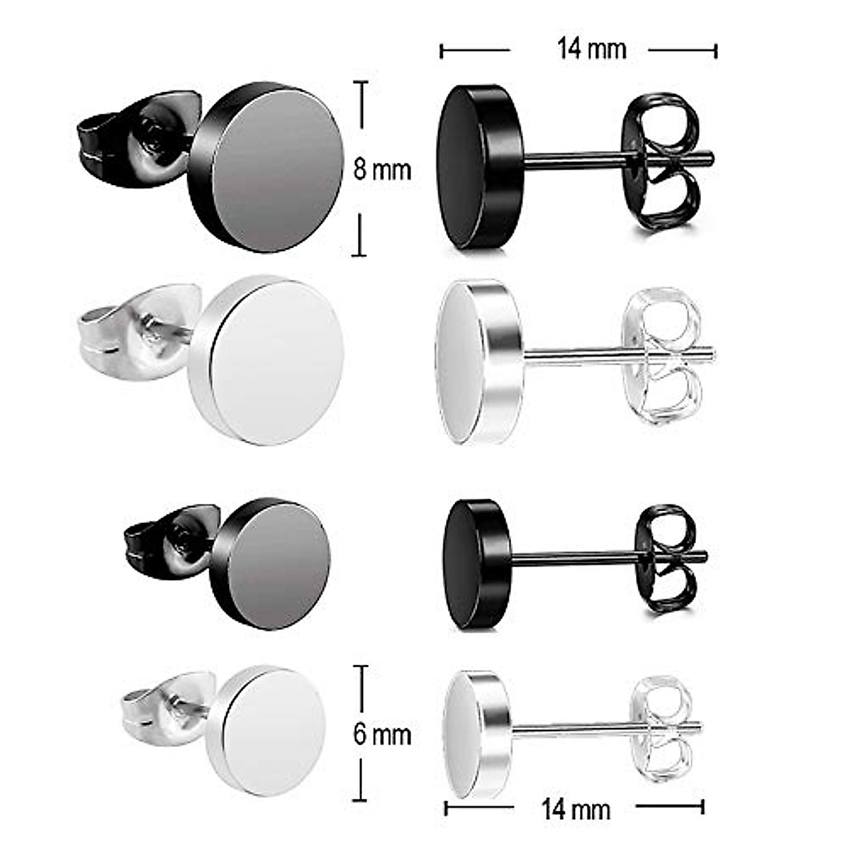 Black Earrings Hypoallergenic Stainless Steel Ear Studs Black and Silver Set for Men Women 6mm 8mm