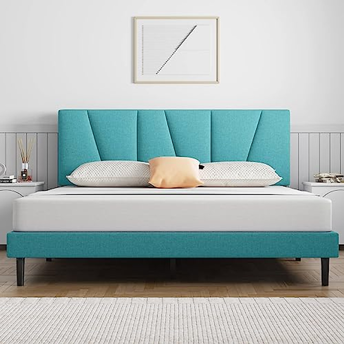 Molblly Queen Bed Frame Upholstered Platform with Headboard and Strong Wooden Slats, Strong Weight Capacity, Non-Slip and Noise-Free,No Box Spring Needed, Easy Assembly,Peacock Green