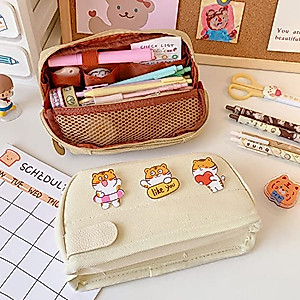 Funny live Handheld Pen Bag Pencil Case Stationery Pocket Cosmetic Makeup Bag, Deformable Standup Pen Holder Organizer with 3 Cute Little Tiger Pin Badges (Beige)