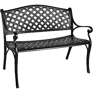 TITIMO 41” Outdoor Garden Bench with Armrests Sturdy Cast Aluminum Porch Loveseat Chair for All-Weather Patio Park Path Yard Lawn Work Entryway Decor Deck (Black)