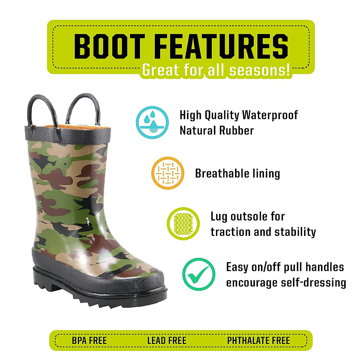 Western Chief Boys Waterproof Printed Rain Boot with Easy Pull on Handles - Camo, 4 M US Big Kid