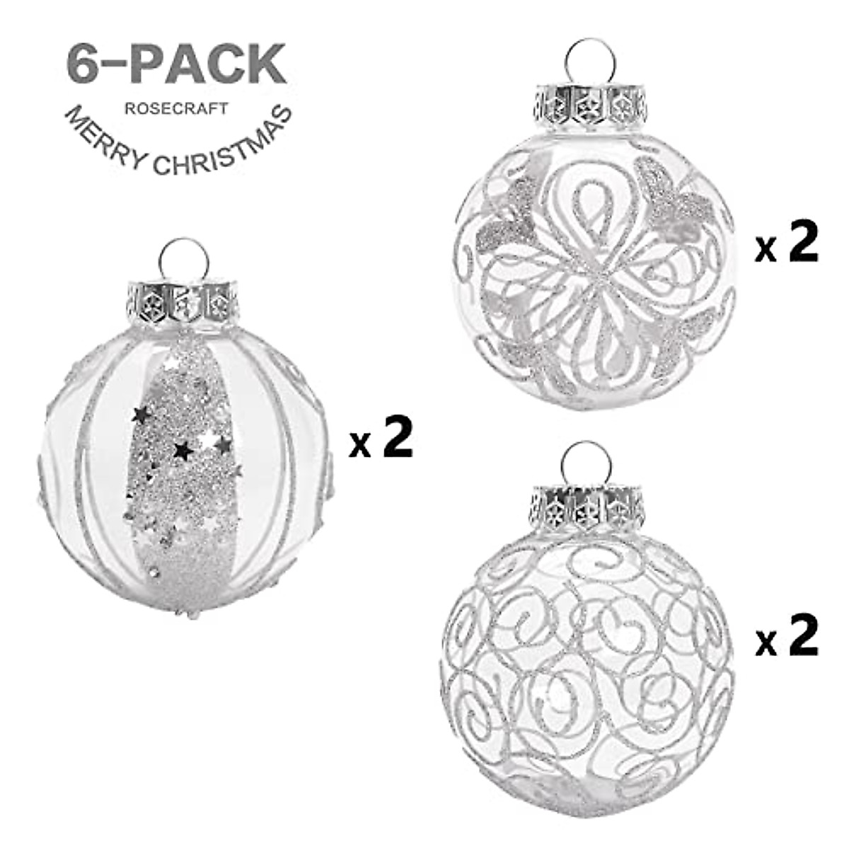 MoonXmas Christmas Ornaments Set, 2.75"/70MM Silver Clear Plastic Shatterproof Christmas Tree Hanging Decorations, for Indoor Home Halloween Thanksgiving Xmas Decor - 6Pcs.